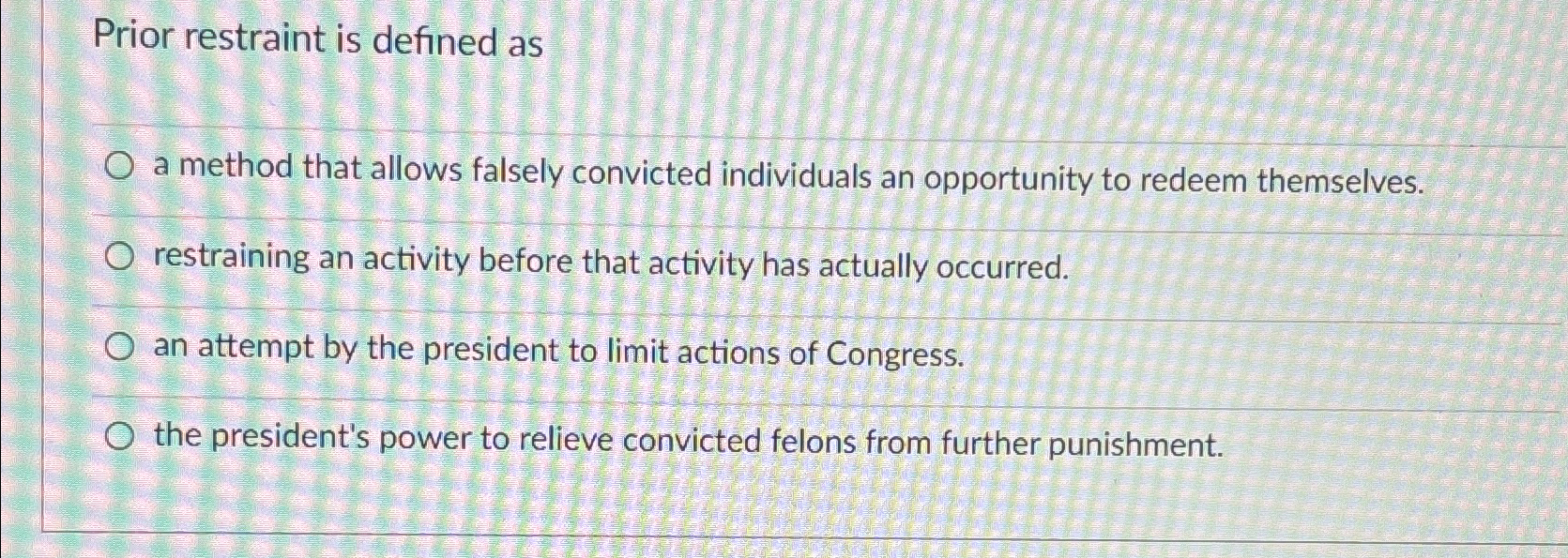 Solved Prior restraint is defined asa method that allows | Chegg.com