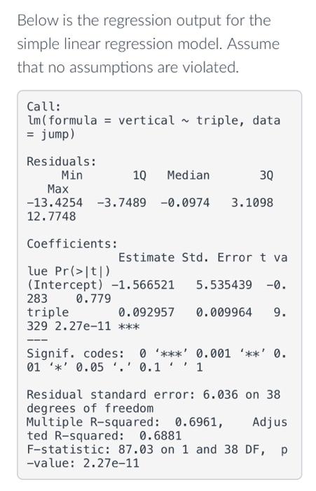 Solved Below is the regression output for the simple linear | Chegg.com