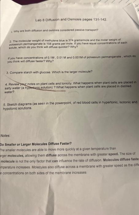 Solved Lab 8 Diffusion and Osmosis pages 131-142. 1. Why are | Chegg.com