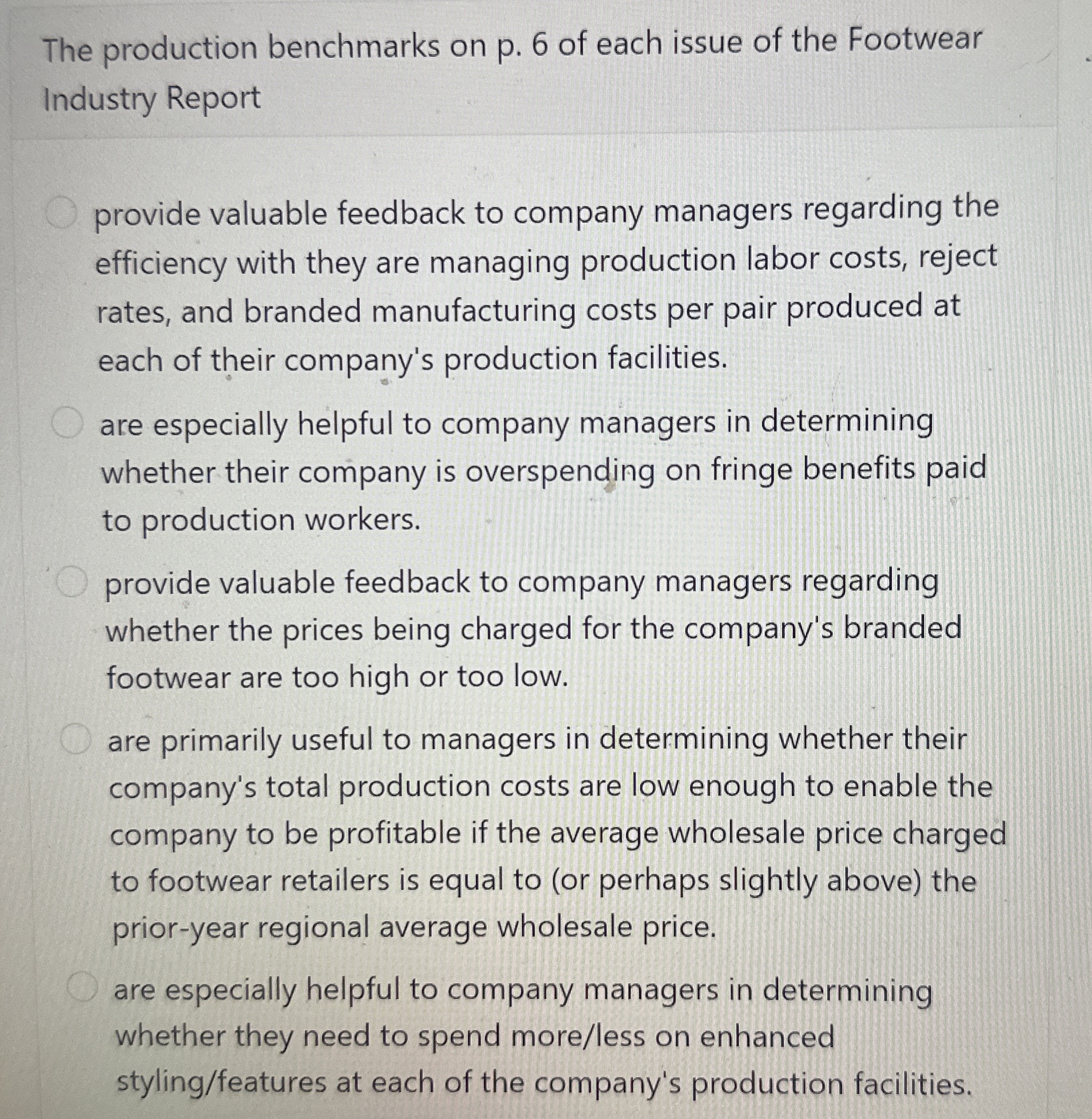 Solved The production benchmarks on p. 6 ﻿of each issue of | Chegg.com