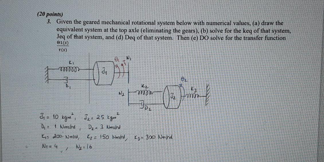 Solved (20 points) 3. Given the geared mechanical rotational | Chegg.com