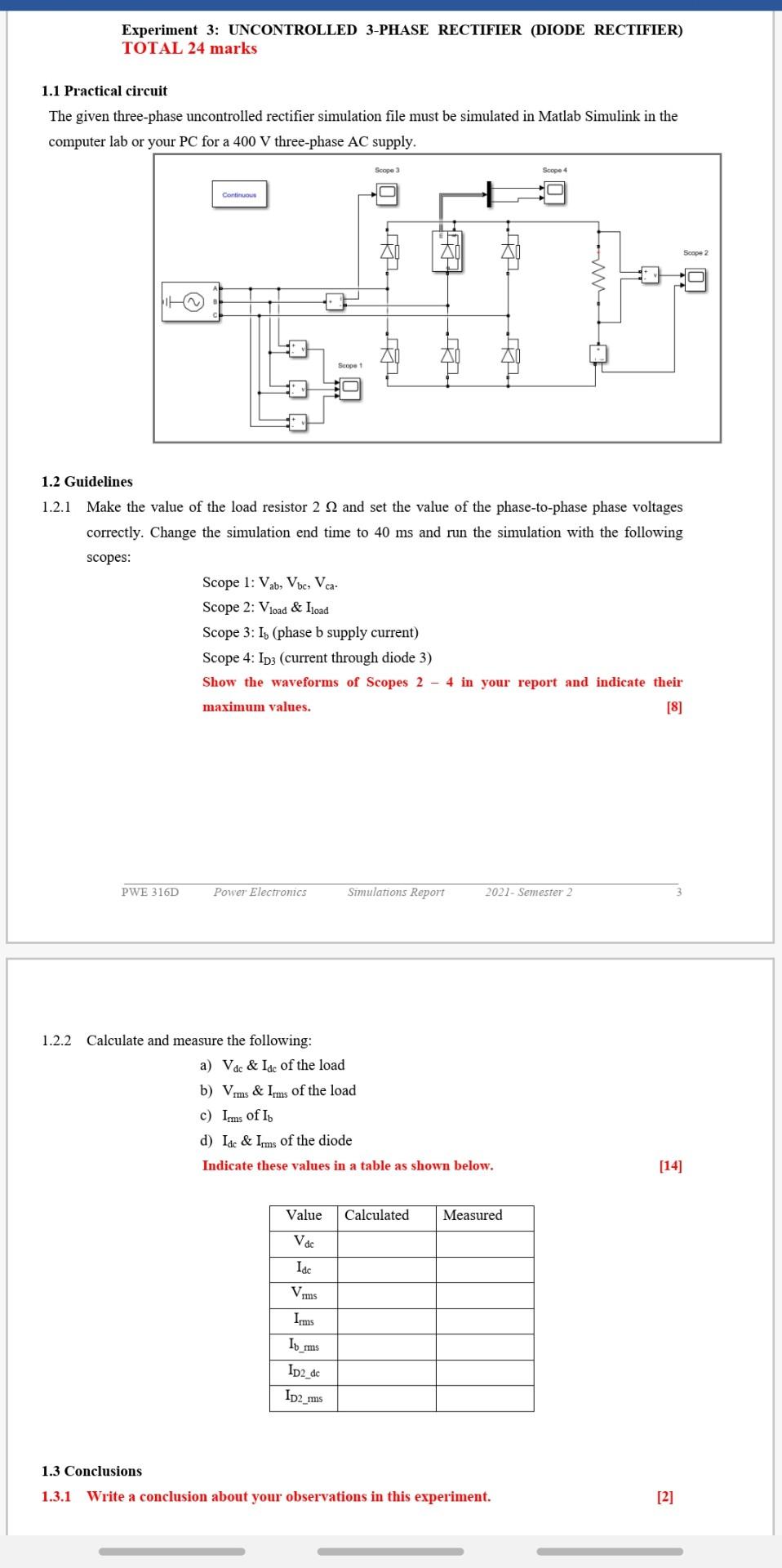 Solved Experiment 3: UNCONTROLLED 3-PHASE RECTIFIER (DIODE | Chegg.com