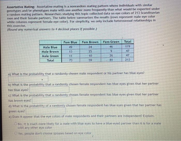 Solved Assortative Mating: Assortative mating is a nonrandom | Chegg.com