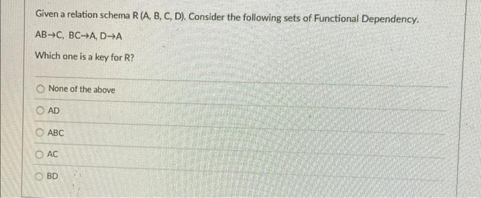 Solved Given a relation schema R(A, B, C, D). Consider the | Chegg.com