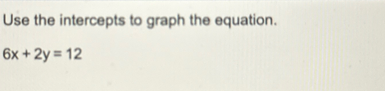 Solved Use the intercepts to graph the equation.6x+2y=12 | Chegg.com