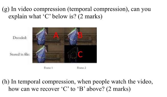 Solved (g) In video compression (temporal compression), can | Chegg.com