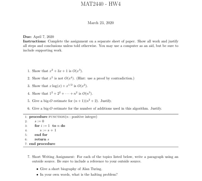 Solved MAT2440 - HW4 March 23, 2020 Due: April 7, 2020 | Chegg.com