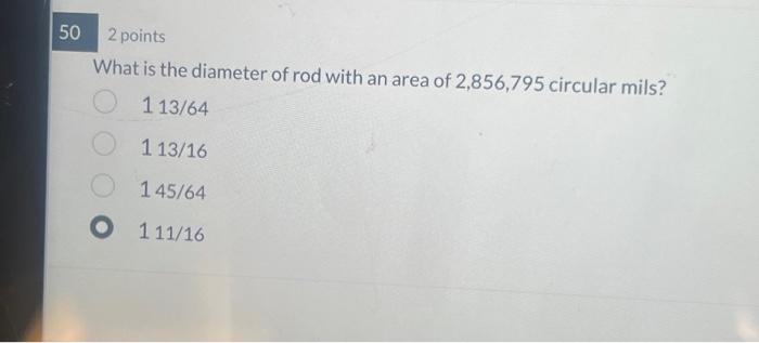Solved What is the diameter of rod with an area of 2,856,795 | Chegg.com
