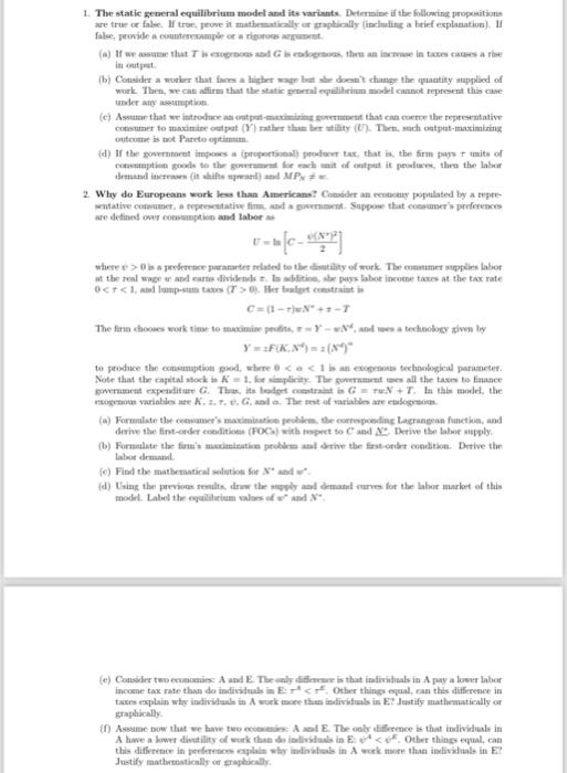 Solved 1. The static general equilibrium model and its | Chegg.com