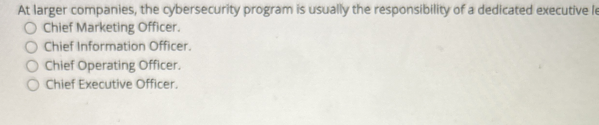 Solved At larger companies, the cybersecurity program is | Chegg.com