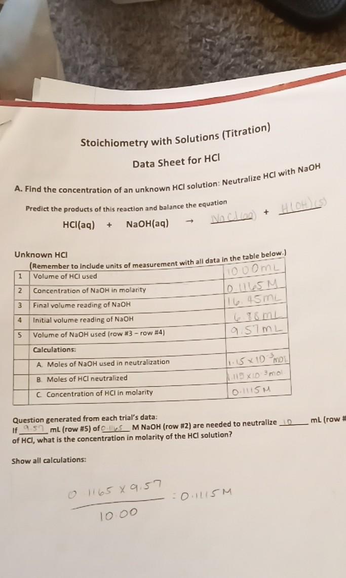 Solved Stoichiometry with Solutions (Titration) Data Sheet | Chegg.com