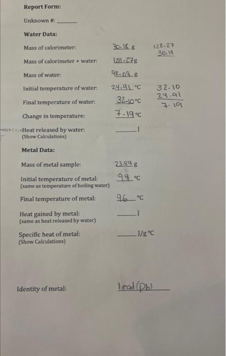 Solved Report Form: Unknown #: Water Data: Identity of | Chegg.com