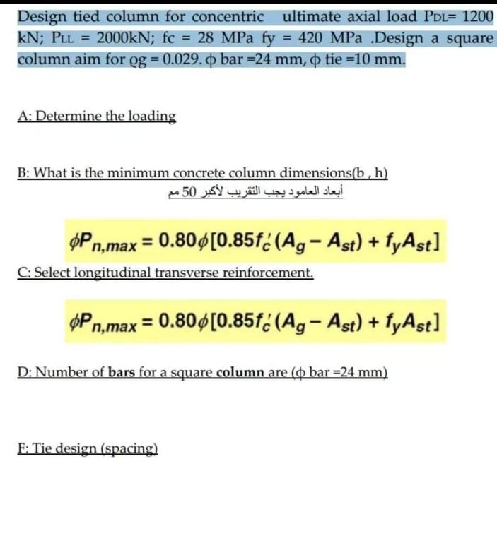 Solved Design tied column for concentric ultimate axial load | Chegg.com