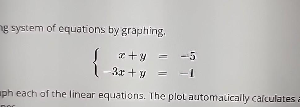 Solved ig system of equations by graphing.x+y=-5-3x+y=-1each | Chegg.com