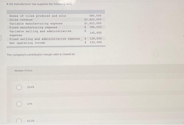 Solved A tile manufacturer has supplied the following data: | Chegg.com