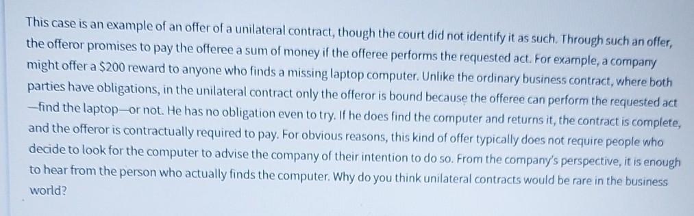 Solved This case is an example of an offer of a unilateral | Chegg.com