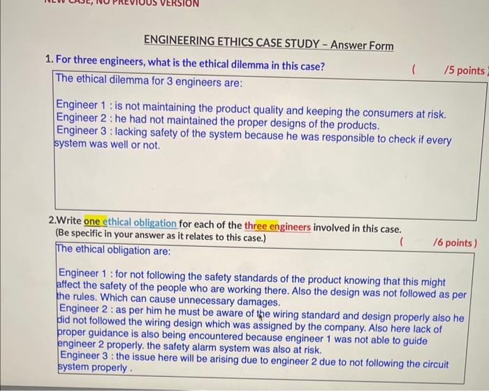 ENGINEERING ETHICS CASE STUDY - Answer Form 1. For | Chegg.com