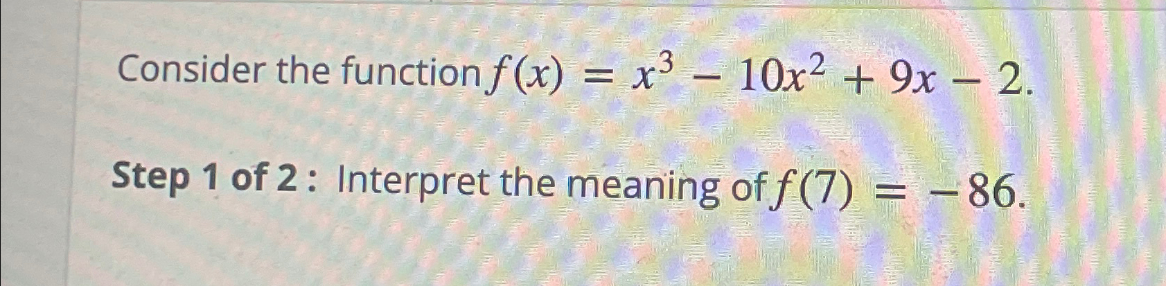 Solved Consider the function f(x)=x3-10x2+9x-2Step 1 ﻿of 2 | Chegg.com