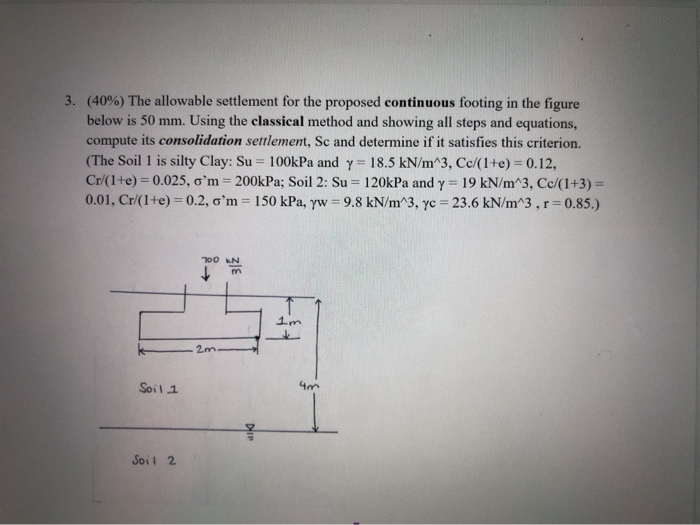 Solved 3. (40%) The allowable settlement for the proposed | Chegg.com