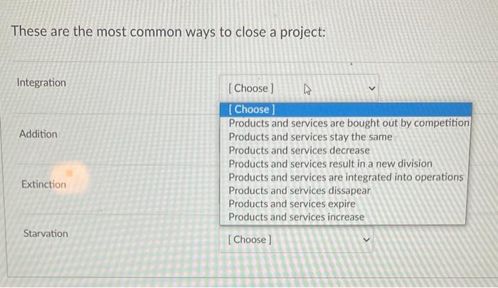 Solved These are the most common ways to close a project: | Chegg.com