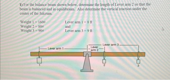Solved 1) For the balance beam shown below, determine the | Chegg.com