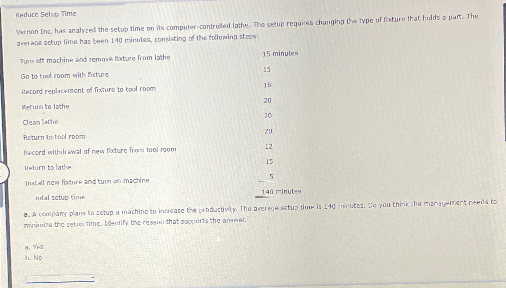 Solved Reduce Setup TimeVernon Inc. has analyzed the setup | Chegg.com