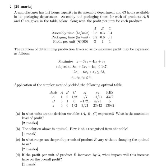 Solved 2. [29 marks] A manufacturer has 147 hours capacity | Chegg.com