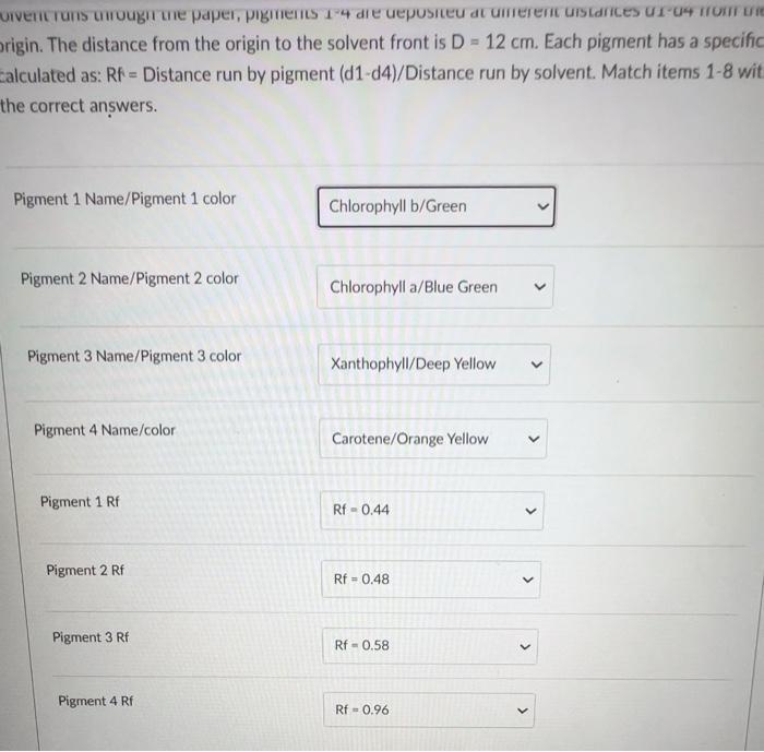 Solved calculated as: Rf= Distance run by pigment (d1−d4)/ | Chegg.com