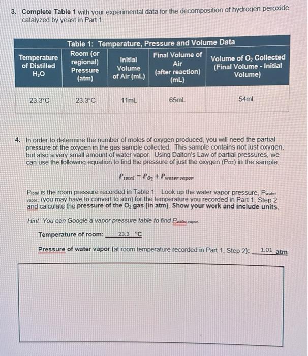 3. Complete Table 1 with your experimental data for | Chegg.com