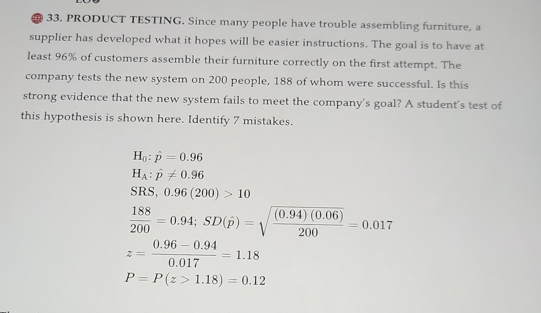 Solved 33. PRODUCT TESTING. Since many people have trouble | Chegg.com