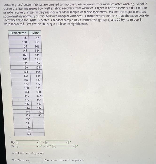 Solved "Durable press" cotton fabrics are treated to improve | Chegg.com