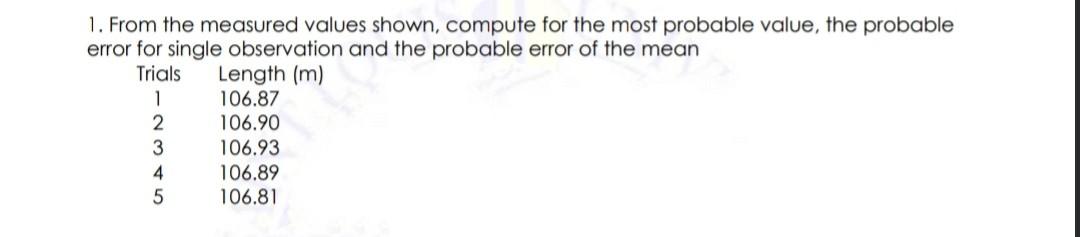 Solved 1 From The Measured Values Shown Compute For The