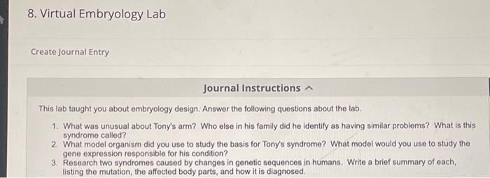 Solved 8. Virtual Embryology Lab Create Journal Entry | Chegg.com
