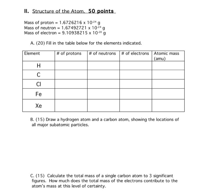 Solved II. Structure of the Atom. 50 points. Mass of proton | Chegg.com