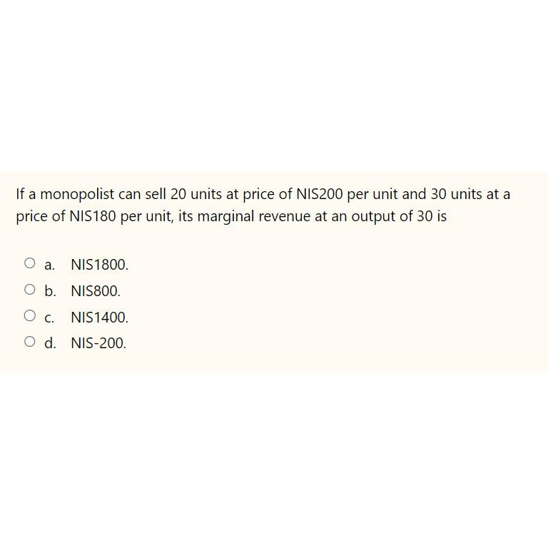 Solved If a monopolist can sell 20 ﻿units at price of NIS200 | Chegg.com