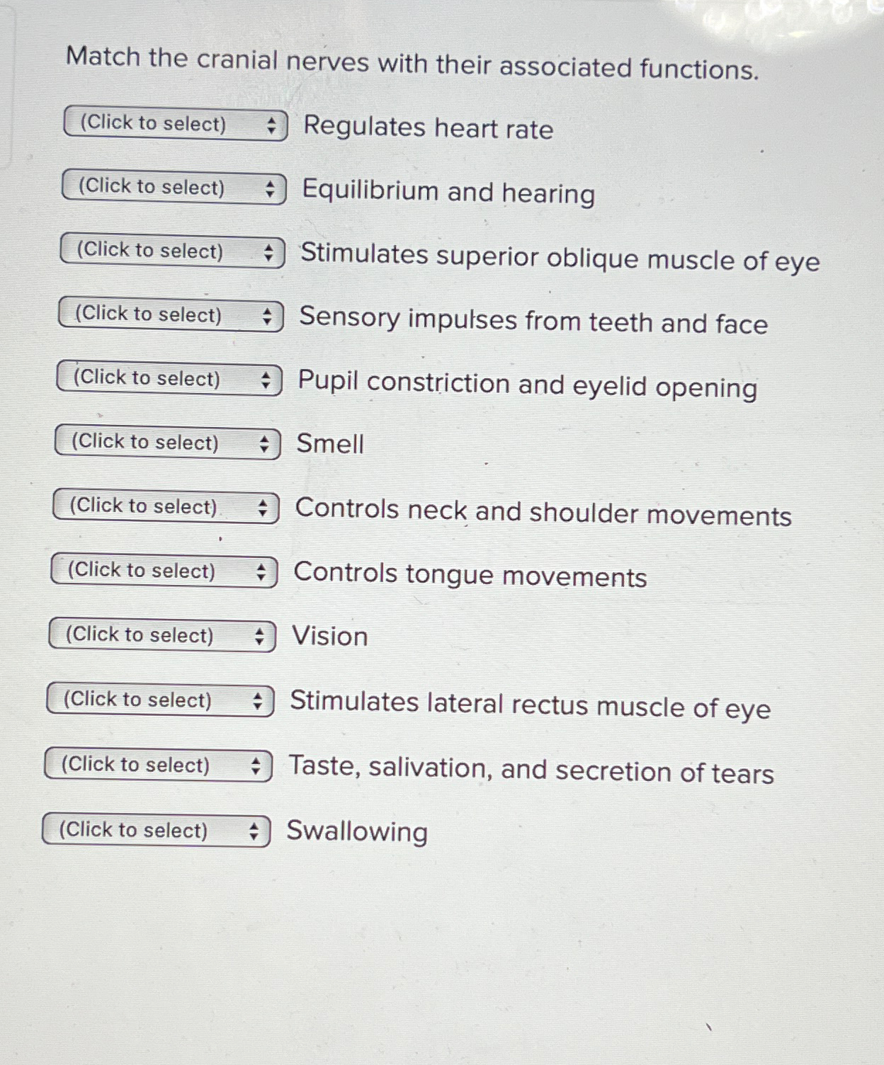 Solved Match the cranial nerves with their associated | Chegg.com