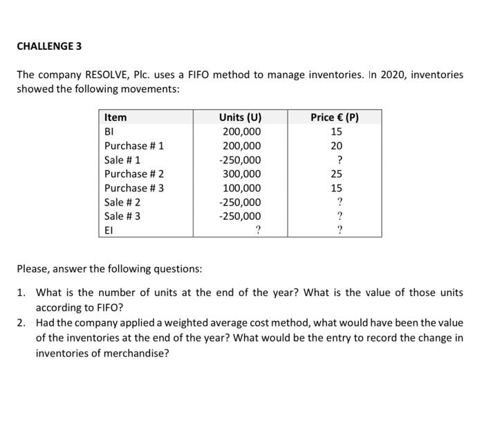 Solved CHALLENGE 3 The company RESOLVE, Plc. uses a FIFO | Chegg.com