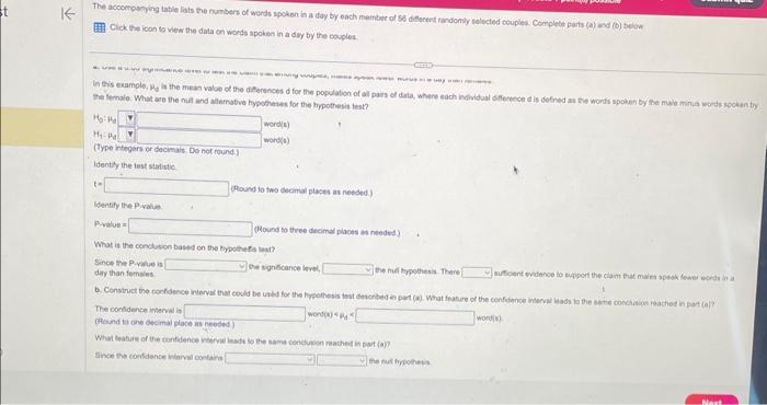 Solved The accompanying thble ints the numbers of woeds | Chegg.com
