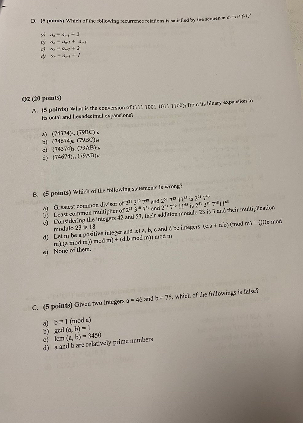 D. (5 ﻿points) ﻿Which of the following recurrence | Chegg.com