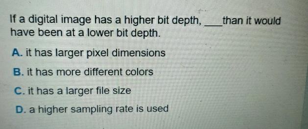 Solved If a digital image has a higher bit depth, than it | Chegg.com