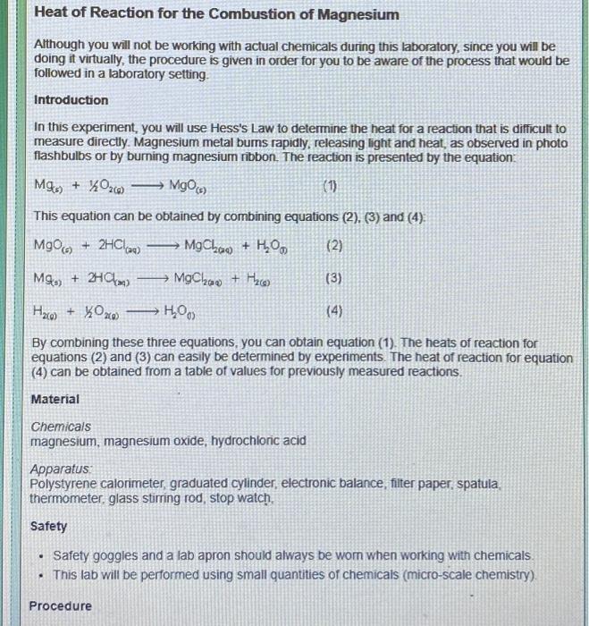 Solved Heat of Reaction for the Combustion of Magnesium | Chegg.com