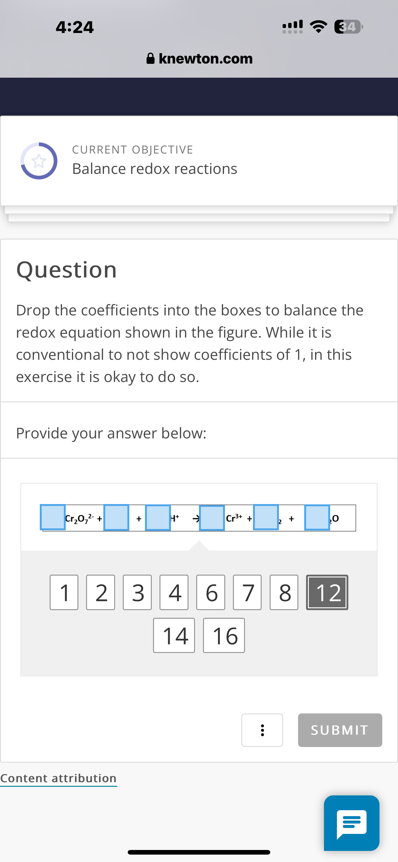 Solved 4:24knewton.com(3)CURRENT OBJECTIVEBalance redox | Chegg.com