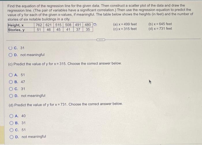Solved Find the equation of the regression line for the | Chegg.com