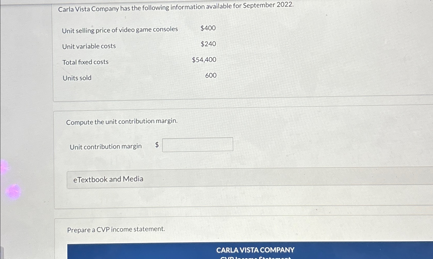 Solved Carla Vista Company has the following information | Chegg.com