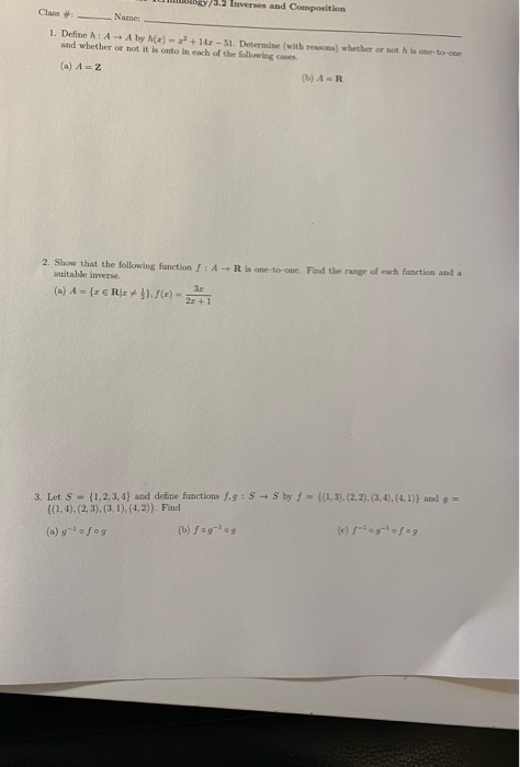 Solved Inverses and Composition Class Names 1. Define h: AA | Chegg.com