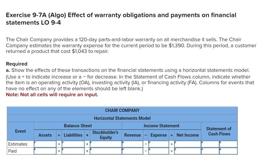 Solved Exercise 9-7A (Algo) Effect of warranty obligations | Chegg.com Solved Exercise 9-7A (Algo) Effect of warranty obligations | Chegg.com