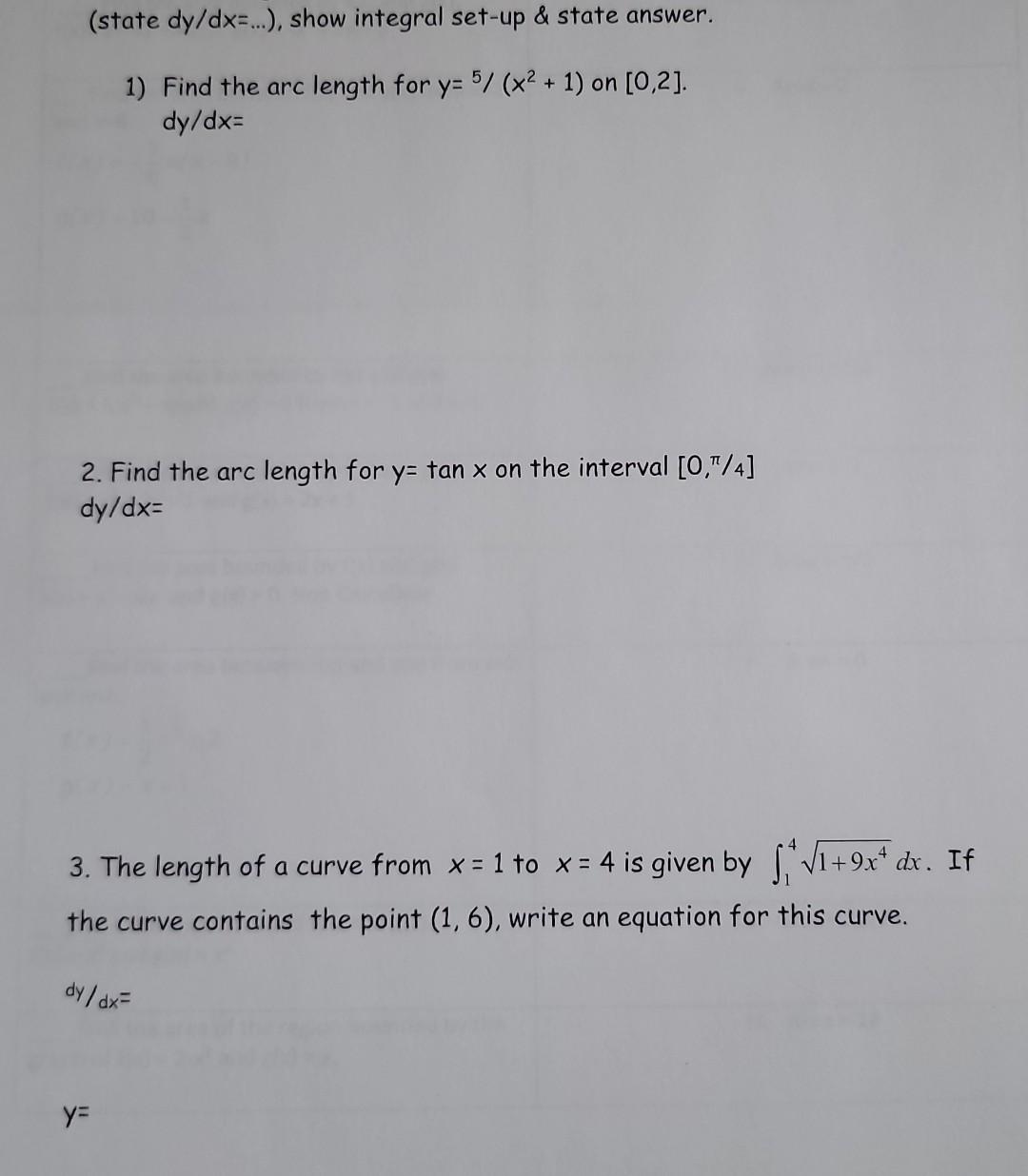Solved (state dy/dx=… ), show integral set-up \& state | Chegg.com