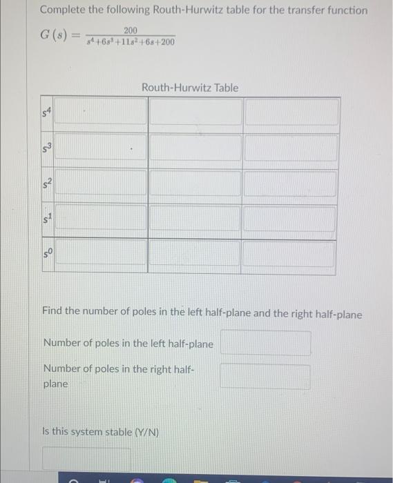 Solved Complete the following Routh-Hurwitz table for the | Chegg.com