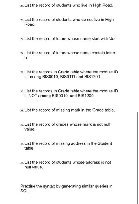 Solved Write SQL statements for the following tasks: 1. List | Chegg.com