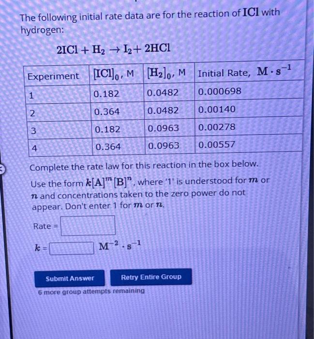 Solved The following initial rate data are for the reaction | Chegg.com